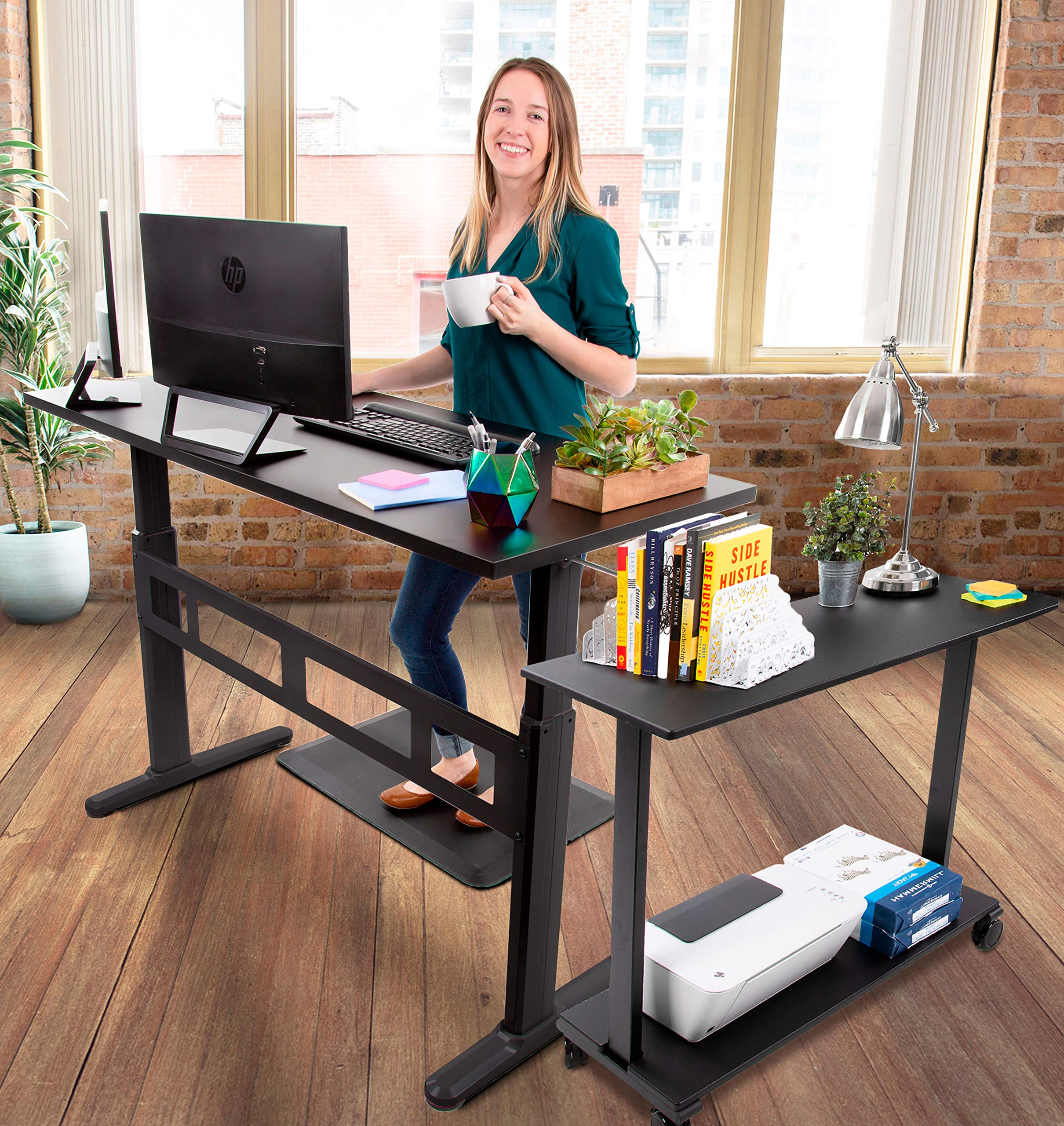 Stand Steady L-Shaped Tranzendesk Standing Desk | Sit to Stand Desk with Add-On Desk Return | Customizable Stand Up Desk Arrangement Great for Any Office Space! (Black / 73x 42)