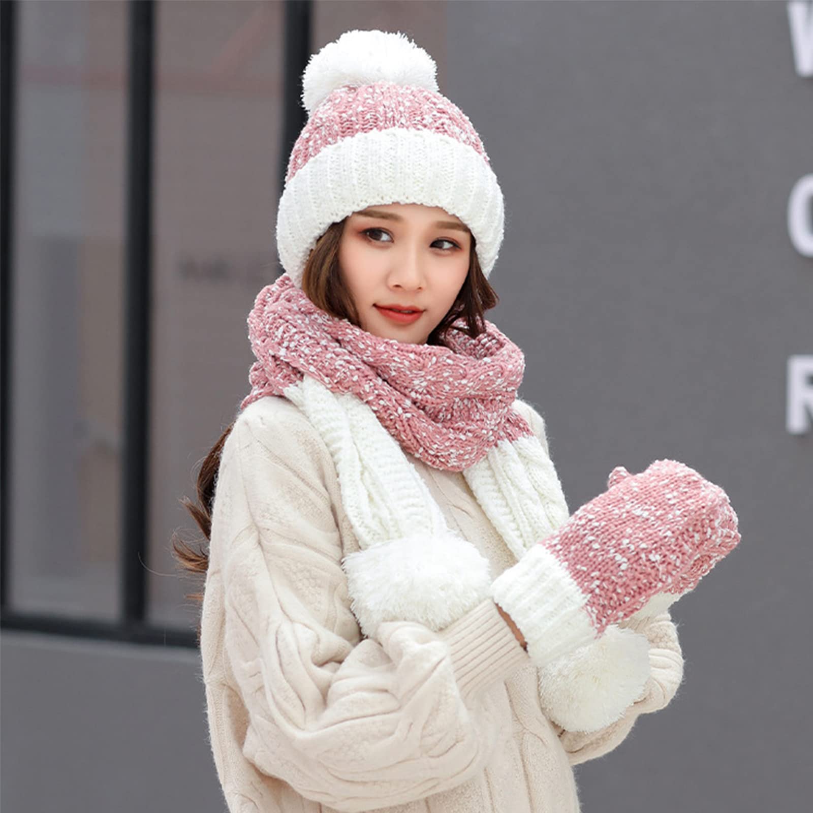 SINLOOG Beanie Hat Scarf and Gloves Set, Womens Winter Warm Knitted Hat Thick Skull Cap 3 in 1 for Cold Weather (Navy Blue, One Size)
