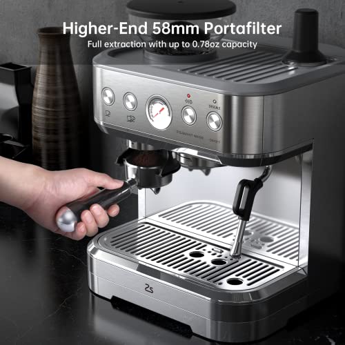 Zstar Espresso Machine with Milk Frother and Grinder, 15 Bar Automatic Espresso Coffee Machine All In One Coffee Maker with Italian ULKA Pump, 2.5L Water Tank, Brushed Stainless Steel for Home Office