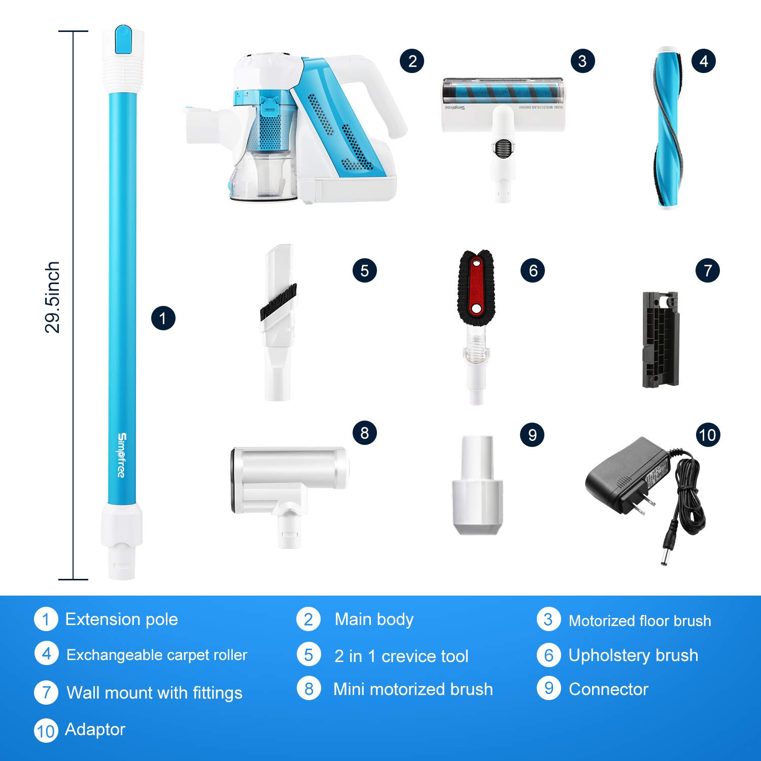 SIMPFREE Cordless Vacuum, 22Kpa Strong Suction Lightweight Vacuum, Handheld Vacuum with Rechargeable Battery, 5 in 1 Brushless Motor Multi-attachments (5 in 1-V10)