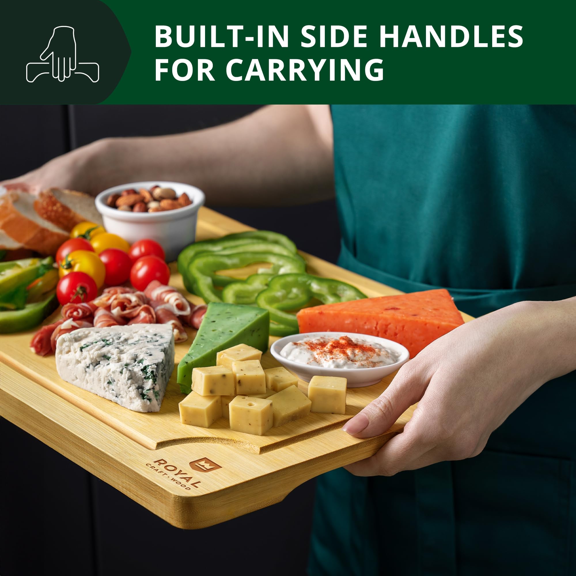 ROYAL CRAFT WOOD Organic Bamboo Cutting Board with Juice Groove - Kitchen Chopping Board for Meat (Butcher Block) Cheese and Vegetables