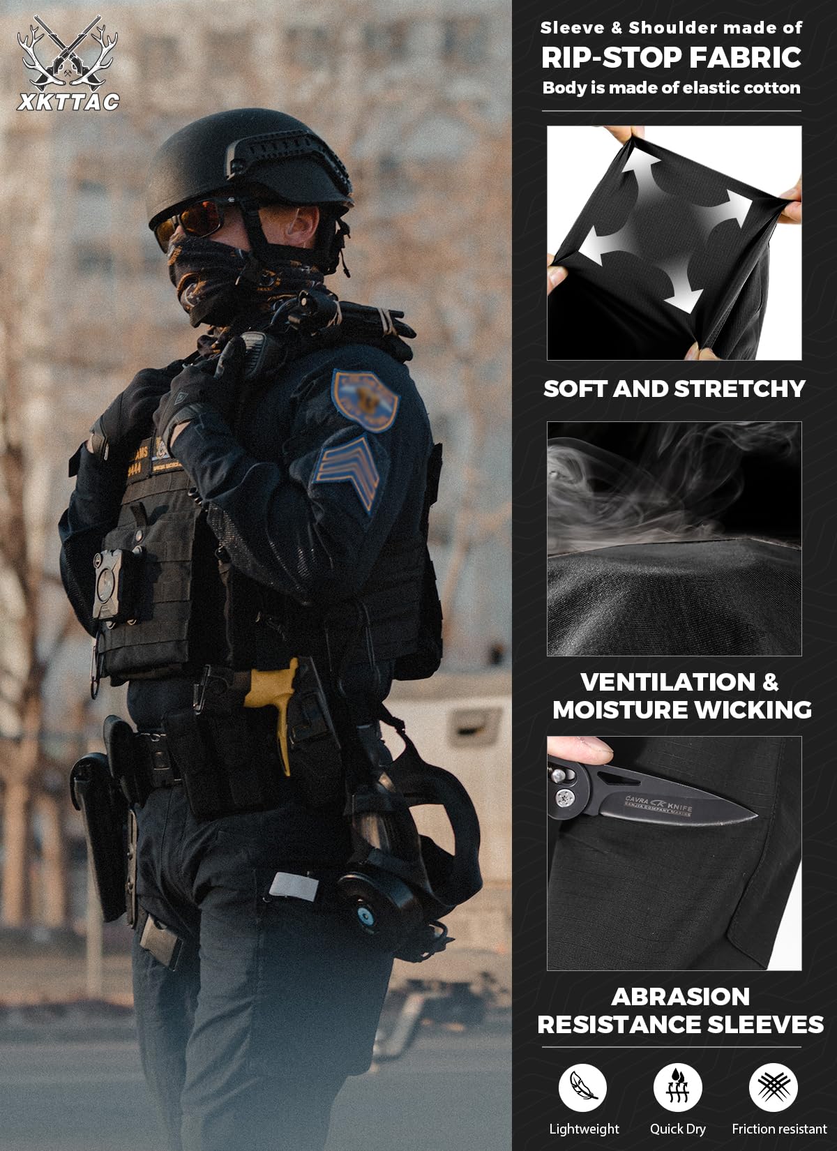 XKTTAC G3 Combat Tactical Shirt for Men with 2-4 Pockets Airsoft-Military-Paintball-Camping Gear Multicam Army BDU TOP Security Clothes(Black/2 Pockets,M)