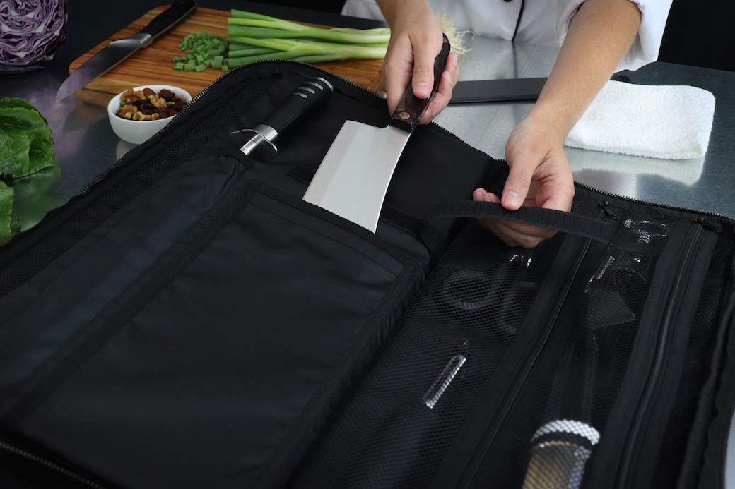 Waxed Canvas Chef Knife Bag Holds 19 Knives PLUS Knife Steel Meat Cleaver and Large Storage Compartments! Our Most Durable Professional Line Knife Carrier Includes Custom Padlock! (Bag Only) (Black)