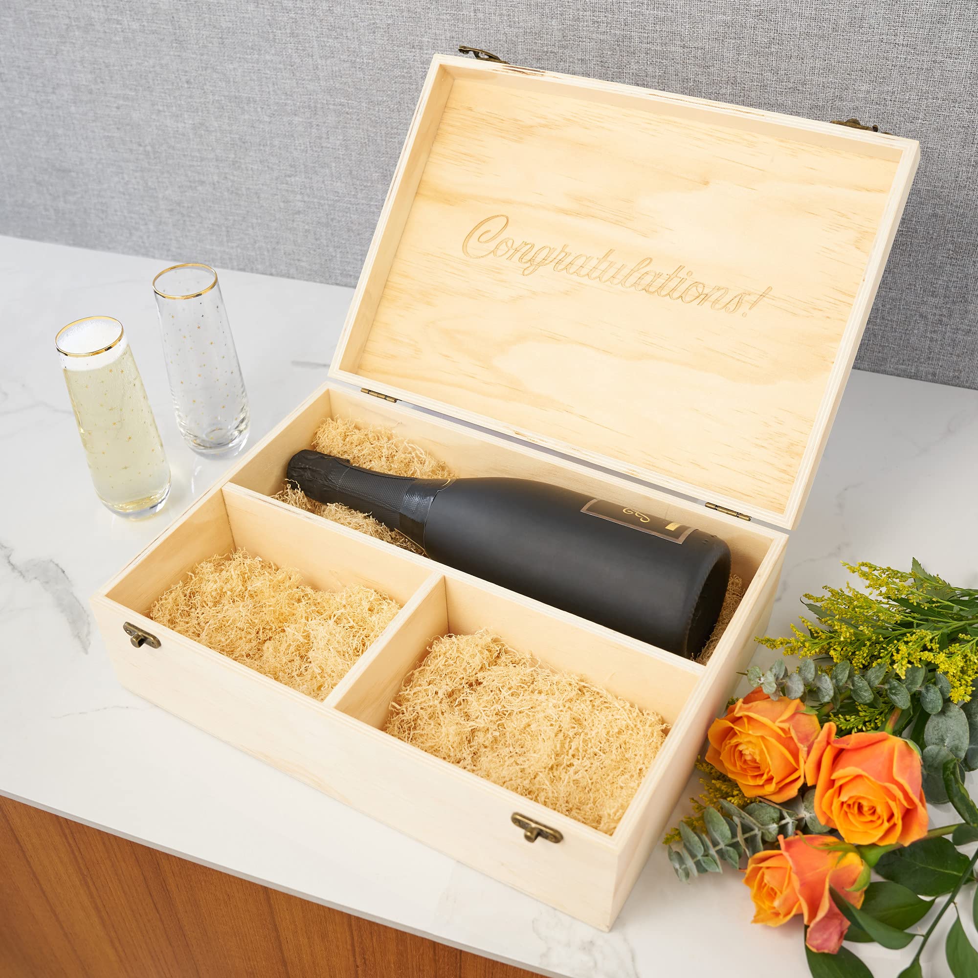Twine Champagne Bottle Gift Box, Wine Box with Lid and 2 Stemless Champagne Flutes, Packing Straw, Holds 1 Champagne Bottle, Wood