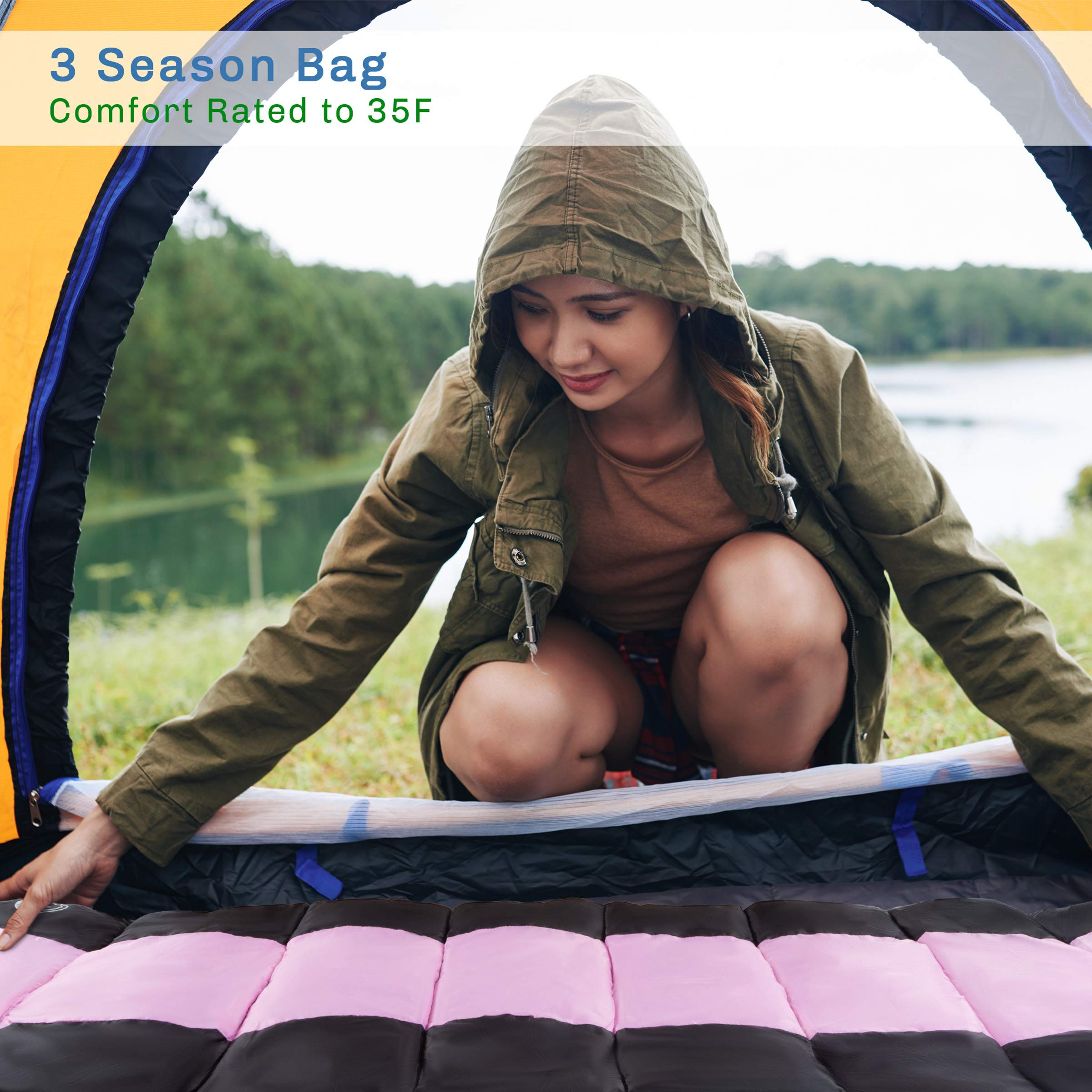 Sleeping Bag – 35F Rated 3 Season Envelope Style with Hood for Outdoor Camping, Backpacking and Hiking with Carry Bag by Wakeman Outdoors (Pink/Black)