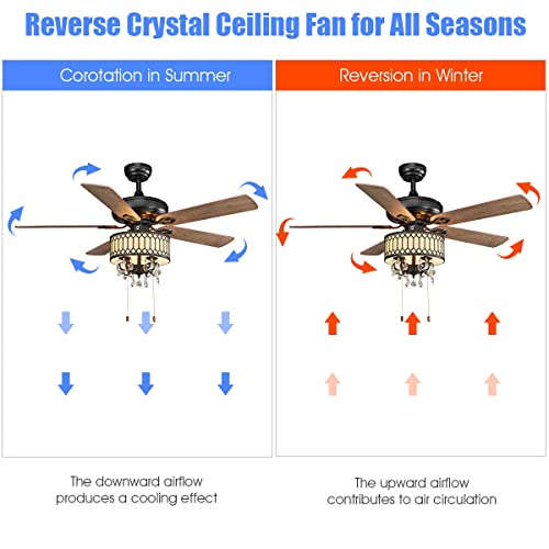 Tangkula 52" Crystal Ceiling Fan with Lights, Classical Crystal Ceiling Fan with Pull Chain Control, Elegant Modern Ceiling Fans with Chandeliers 5 Iron Reversible Blades, Mute Motor (Black)