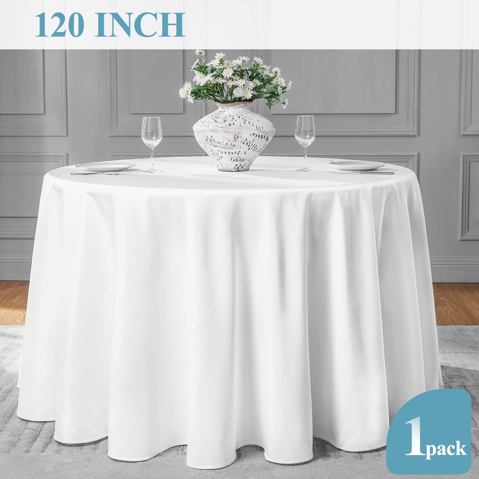 VidaFete 120inch Round Tablecloth Polyester Table Cloth,Stain Resistant and Wrinkle Polyester Dining Table Cover for Kitchen Dinning Party Wedding Rectangular Tabletop Buffet Decoration(White)