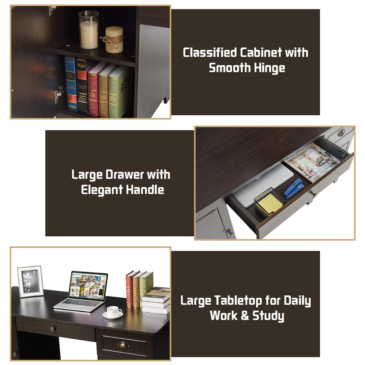 Tangkula Computer Desk with Drawers & Cabinet, Wooden Executive Desk Home Office Desk, Writing Study Desk Computer Workstation, PC Laptop Desk for Bedroom & Office (Brown)