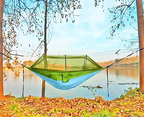 Single & Double Camping Hammock with Net Mosquito/Bug | Included Tree Straps and Carabiners, Parachute Nylon | Easy Assembly, Lightweight, Portable | Indoor Outdoor Backpacking - Full Size, Sky Green