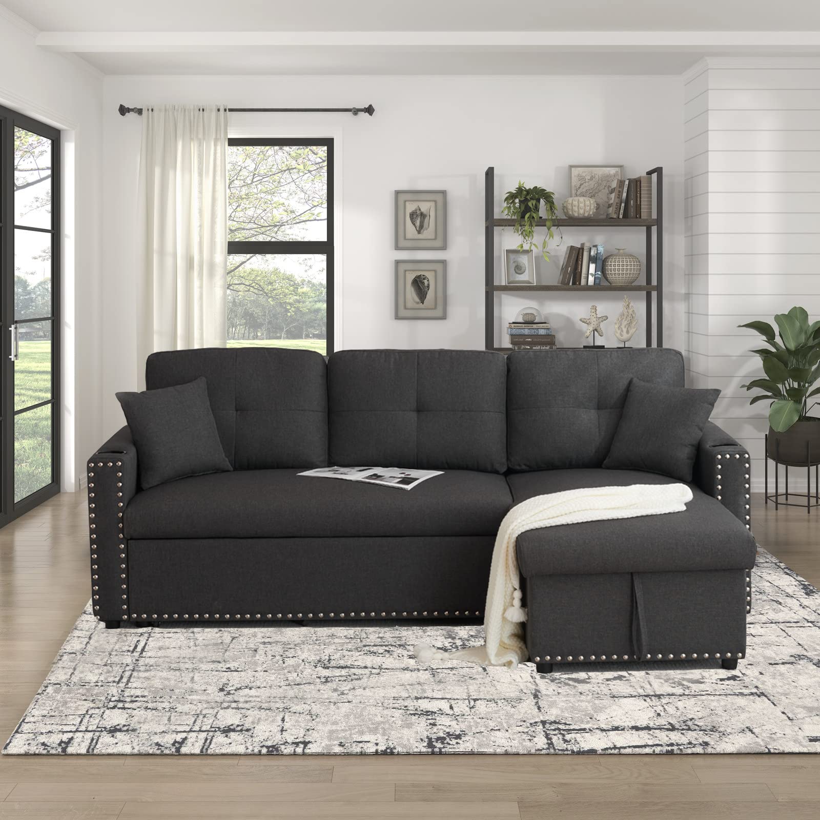 Sleeper Sofa Bed Pull Out Couch Reversible Sectional Sofa for Small Space Loveseat Sleeper with Storage Chaise & Cup Holder for Living Room/Apartment/Basement (Dark Grey)