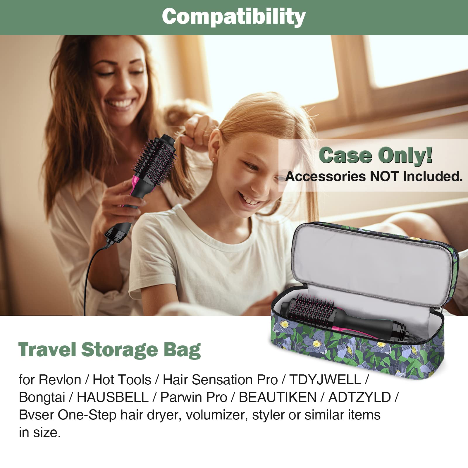 SITHON Double-Layer Travel Carrying Case for Shark FlexStyle/SmoothStyle, Water Resistant Storage Organizer Bag for Airwrap Styler, Also for Revlon One-Step Hair Dryer (Bag Only) (Blue Floral)