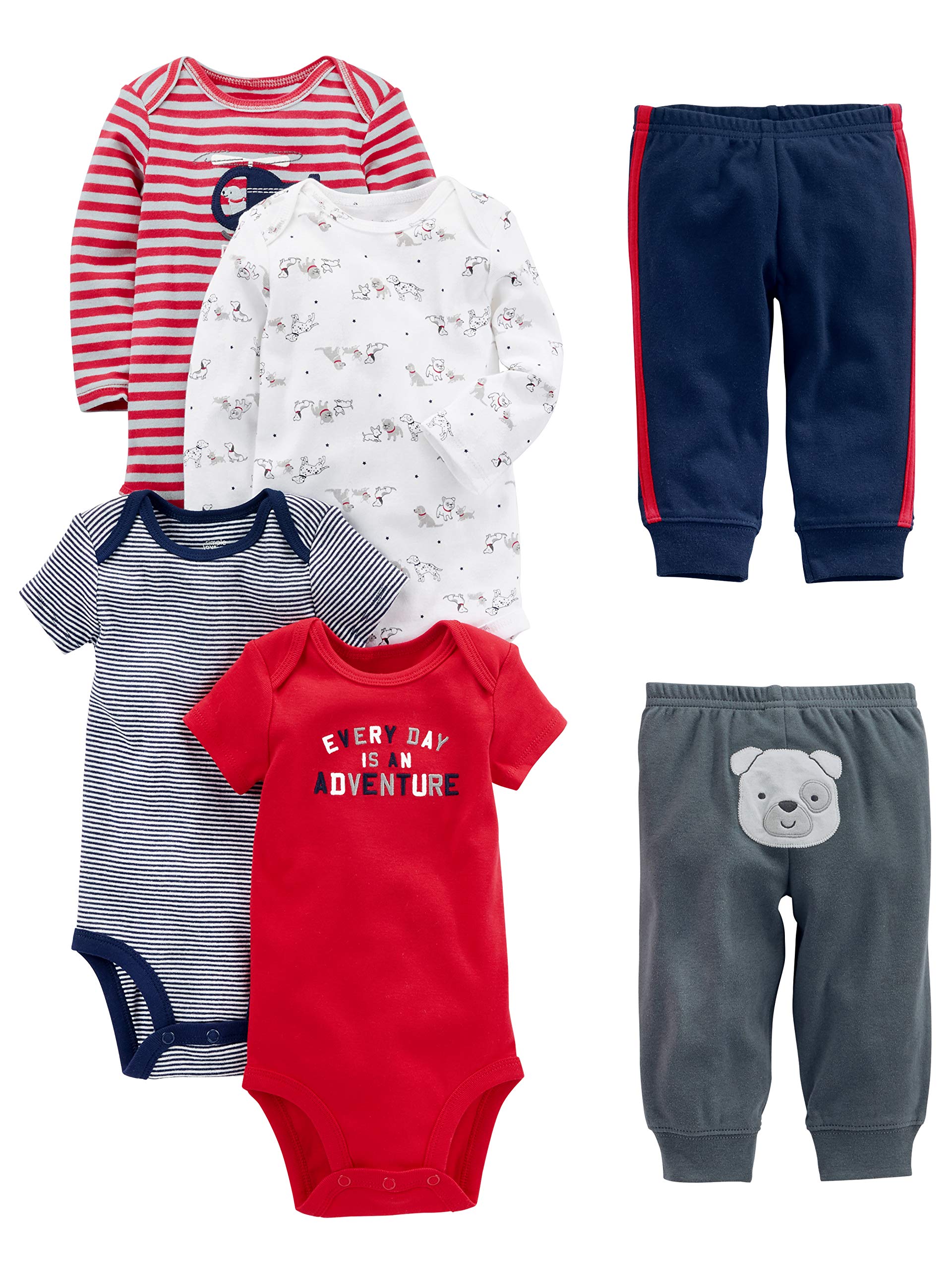 Simple Joys by Carter's Baby Boys' 6-Piece Bodysuits (Short and Long Sleeve) and Pants Set, Multicolor/Bear/Dogs/Stripe/Text Print, 24 Months