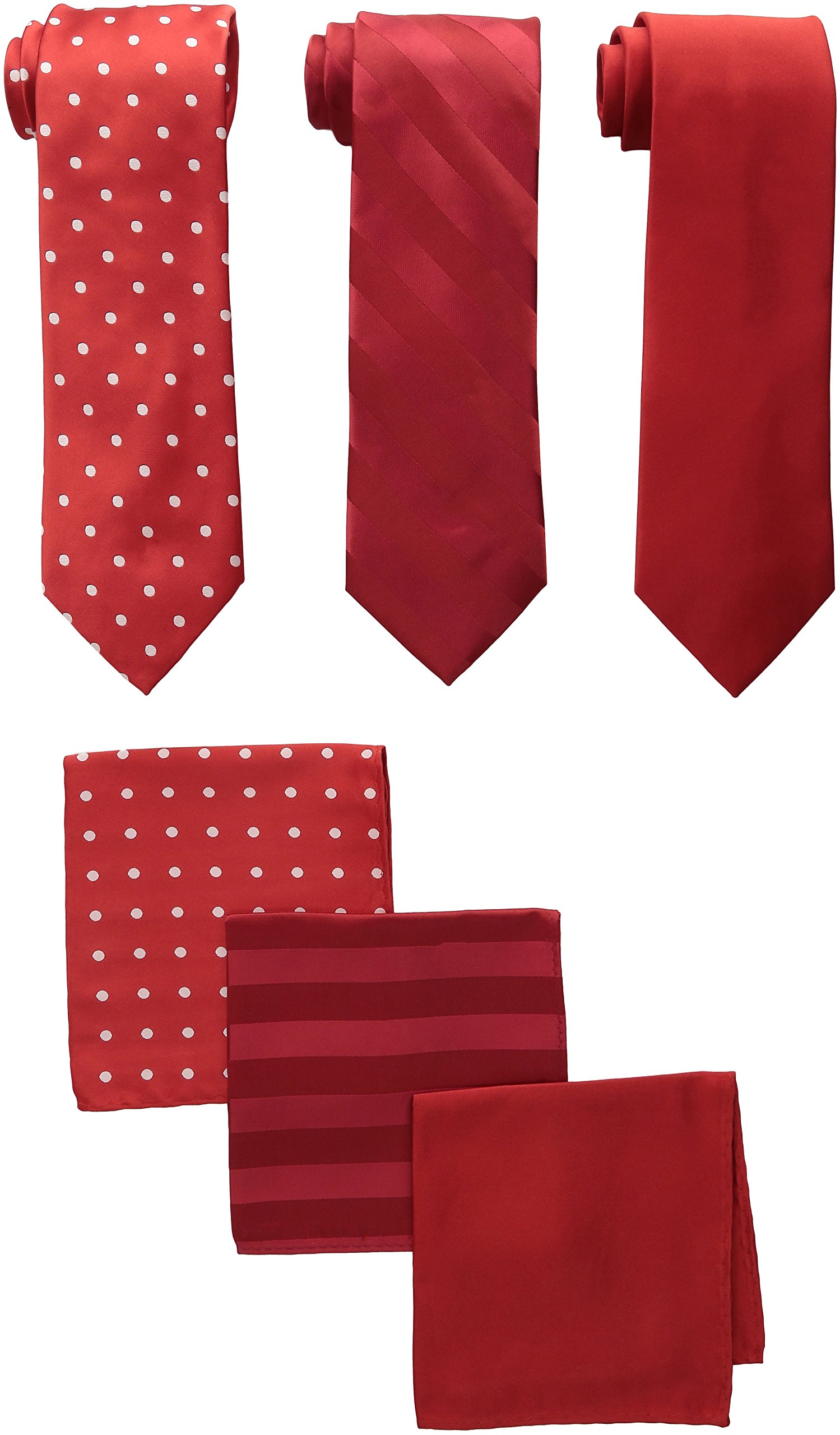 STACY ADAMS mens 3 Pack Satin Solid Striped Dots With Pocket Squares Necktie, Red, One Size US