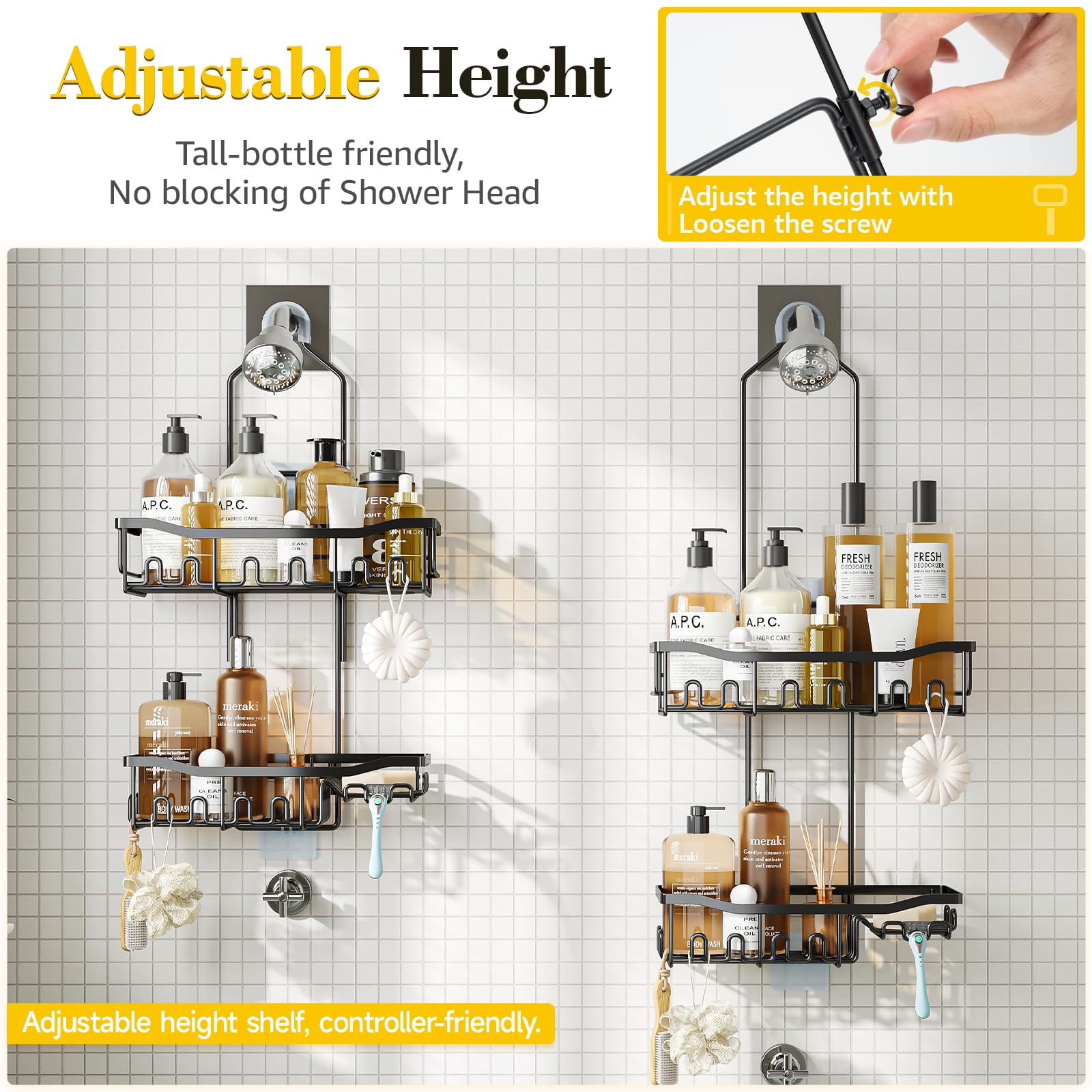 Skyapex Hanging Shower Caddy Over Showerhead: Extra Long Adjustable Shower Organizer Hanging No Blocking to Shower Head - Large Capacity Shower Caddy Hanging with Hooks Shampoo Soap Holder