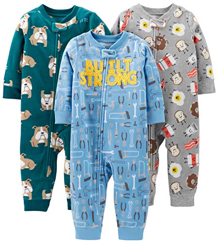 Simple Joys by Carter's Boys' 3-Pack Loose Fit Flame Resistant Fleece Footless Pajamas, Blue Tools/Green Dogs/Grey Breakfast, 5T