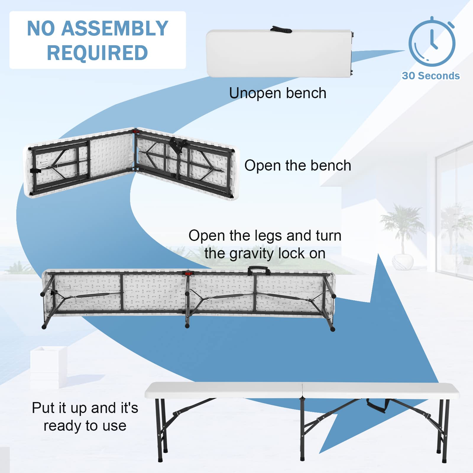 Plastic Folding Benches 6 Foot 2 Pack, Portable Outdoor Bench With Handle & Lock for Picnic Camping Dining Soccer Entertaining Activities, 660LBS, No Assembly