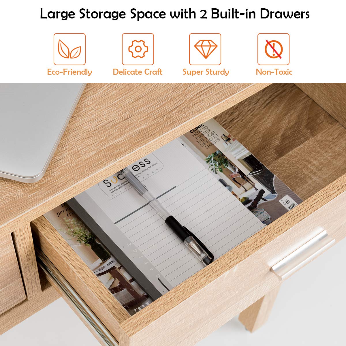 Tangkula Extendable Computer Desk with 2 Drawers, Small Writing Desk with Pull Out Secondary Desk, Console Table, Wood Study Workstation, Laptop Desk for Small Space Home & Office (Natural)
