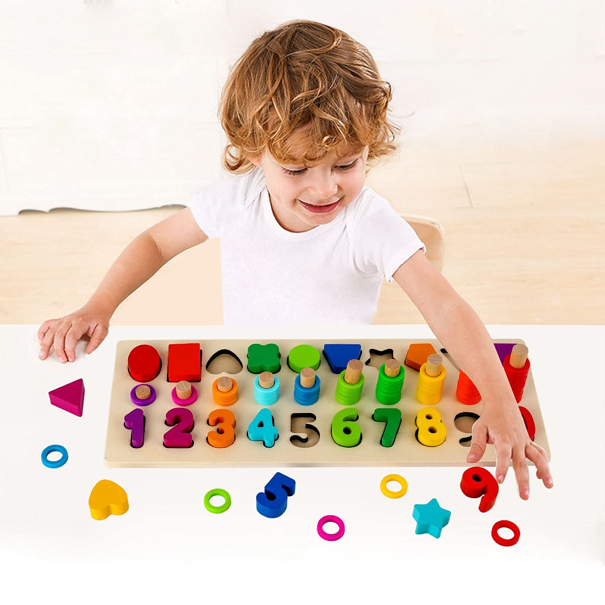 Sendida Montessori Math Shapes Puzzle Toys - Toddlers Stacking Wood Blocks Number Toys Stacking Shape Sorting Toys Early Learning Toys for Kids Preschool Counting