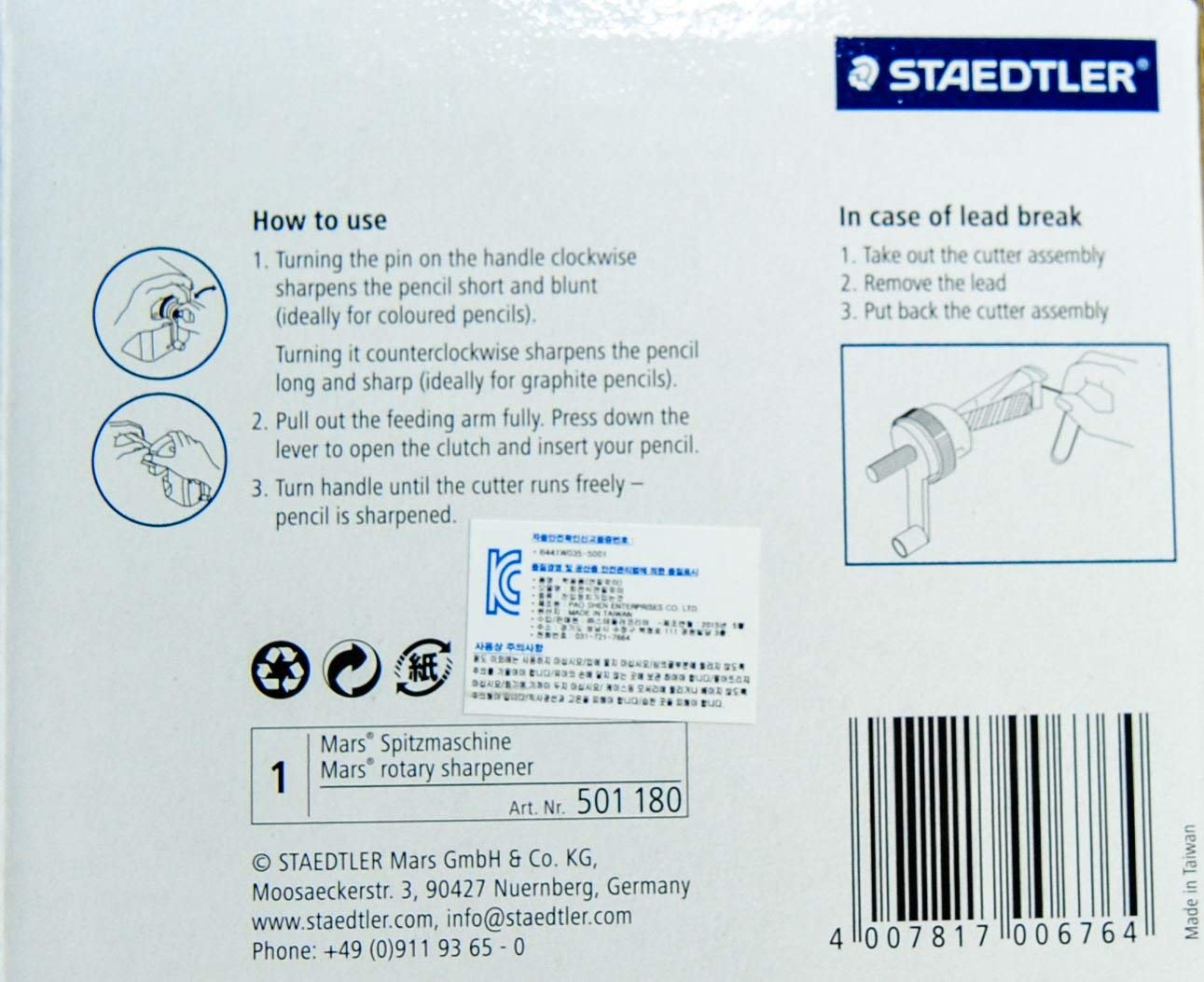 STAEDTLER MarsĀ® 501 180 Rotary sharpener for Round, Triangular, Hexagonal prisma color, pencils, Classic Manual Pencil Sharpener, Desk clamp