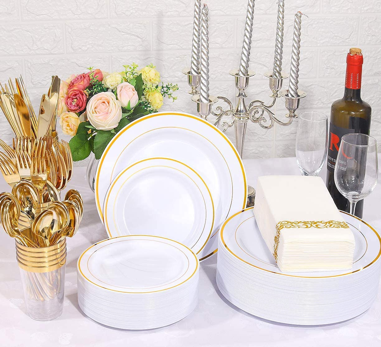 supernal 200pcs Plastic Silver Dinnerware Sets,Silver Plastic Plates,Plastic Silverware,12oz Plastic Cups,Napkins, Disposable Plates,Service for 25 Guests Suit for Party,Wedding,Mothers Day