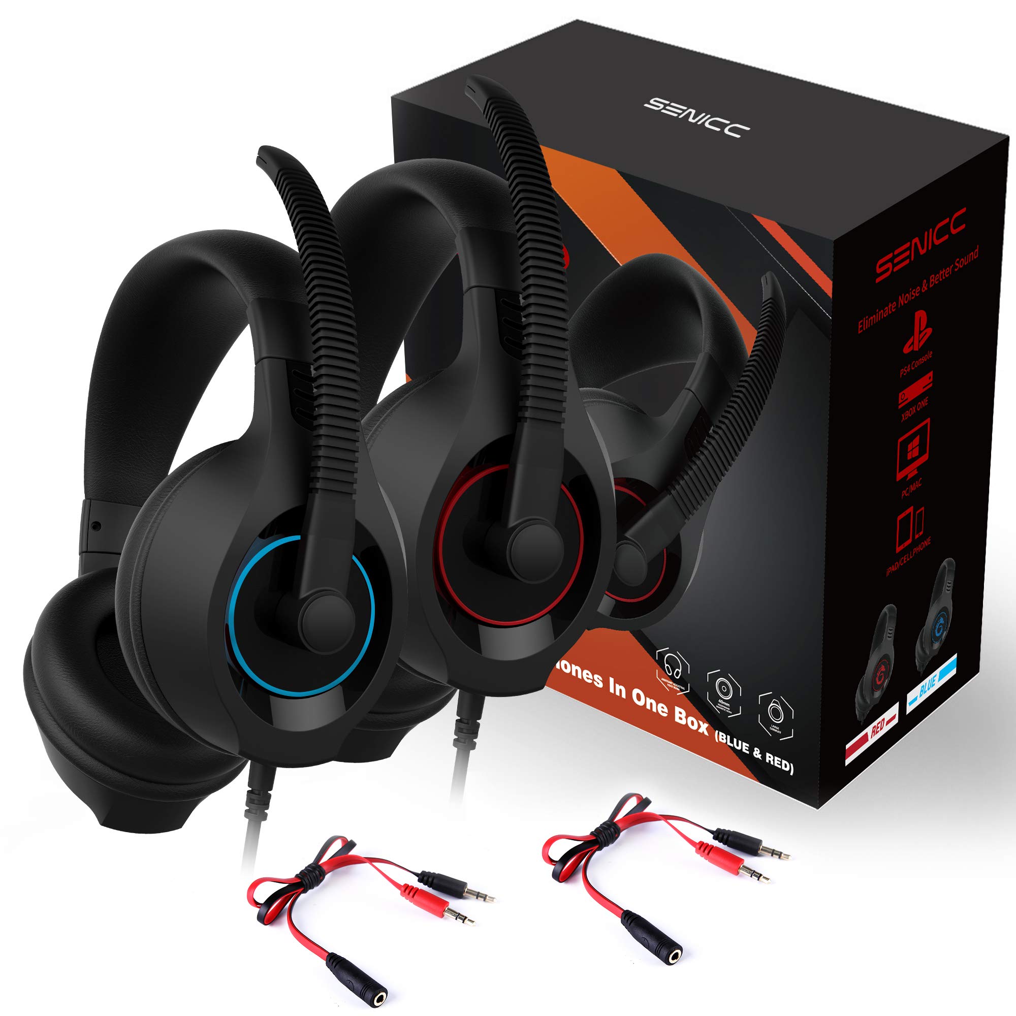 SENICC 2 Pack Gaming Headset with Microphone for PS4 Xbox One, Over Ear 3.5mm PC Headphone with Lightweight Design Noise Cancelling Volume Control for Laptop, Mac, iPad, Tablet