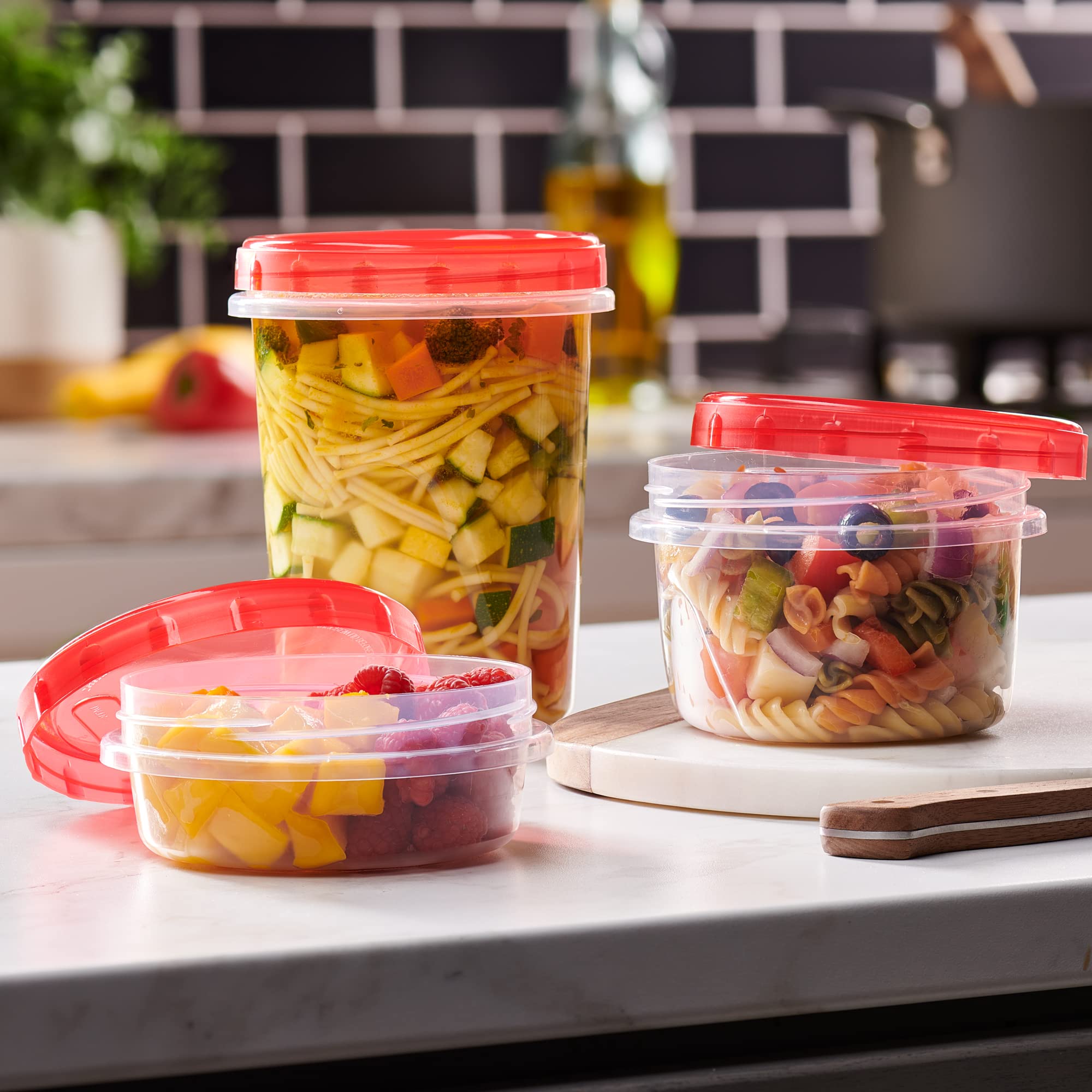 PLASTICPRO 6 Pack Twist Cap Food Storage Containers with Red Screw on Lid- 32 oz Reusable Meal Prep Containers - Freezer and Microwave Safe Red Plastic Food Storage