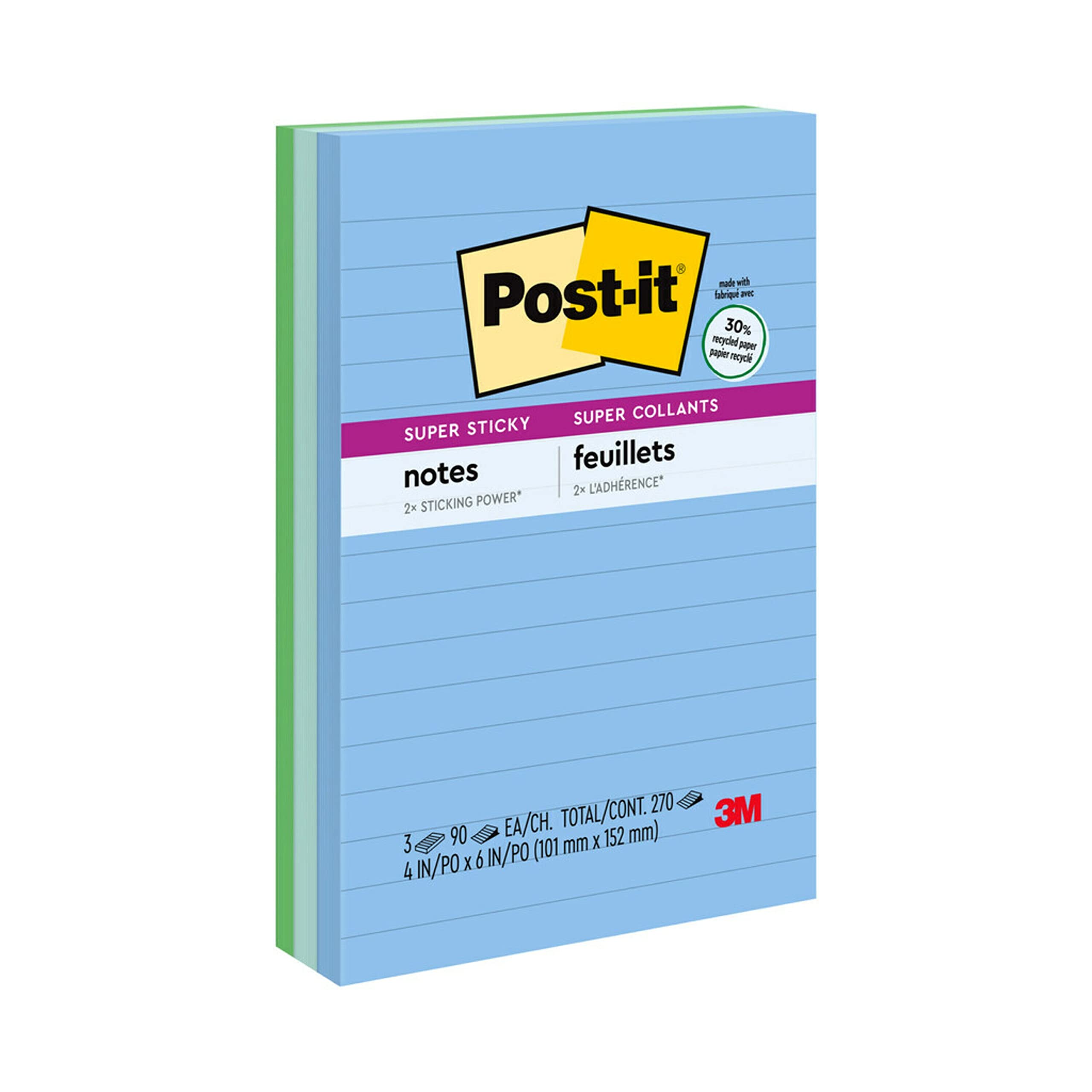 Post-it Super Sticky Recycled Notes, 4x6 in, 3 Pads, 2x the Sticking Power, Poptimistic, Bright Colors, 30% Recycled Paper (660-3SST)