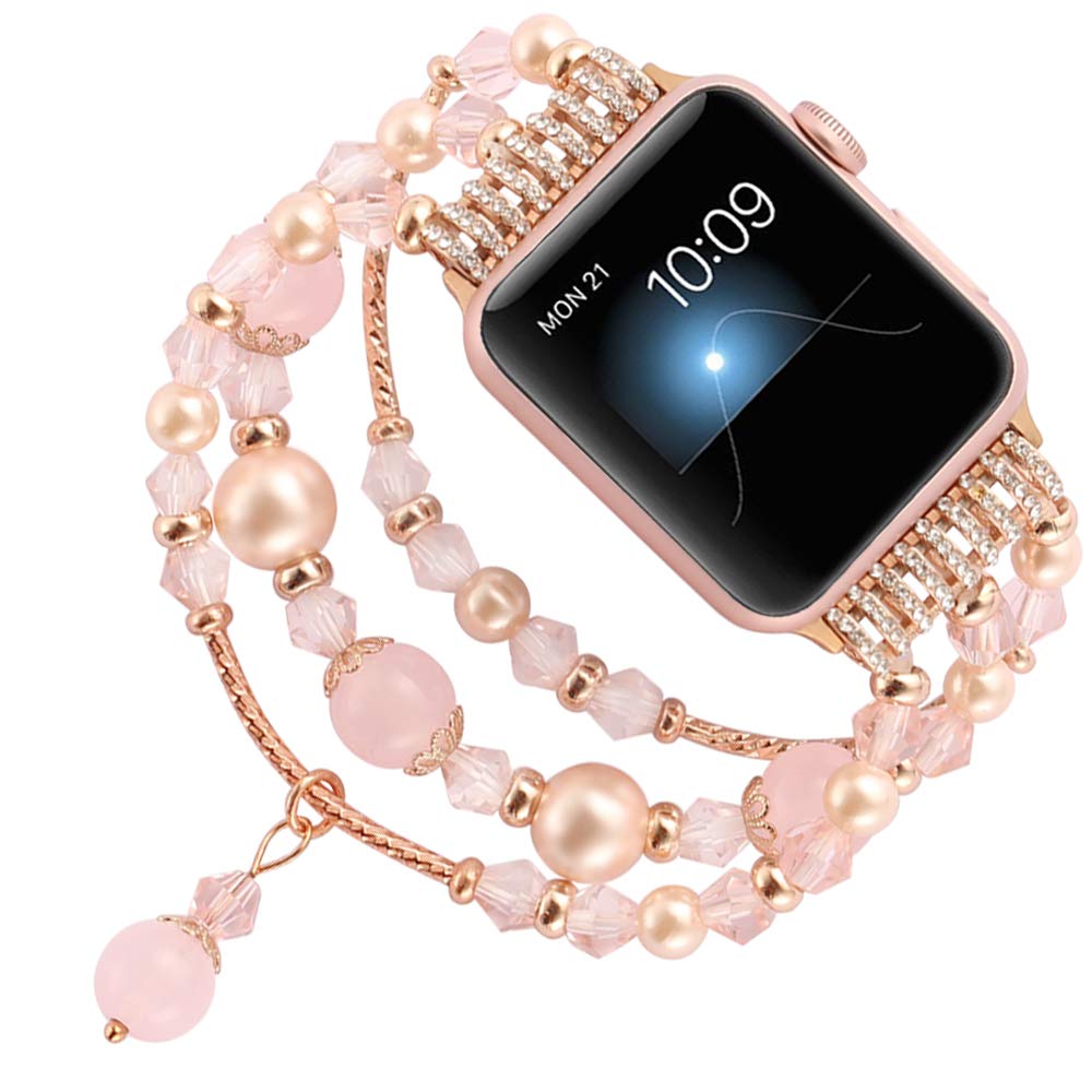 Suppeak Band Compatible with Apple Watch 38mm 40mm 41mm, Women Girl Elastic Handmade Pearl Bracelet Replacement for Series SE 7 6 5 4 3 2 1, Pink