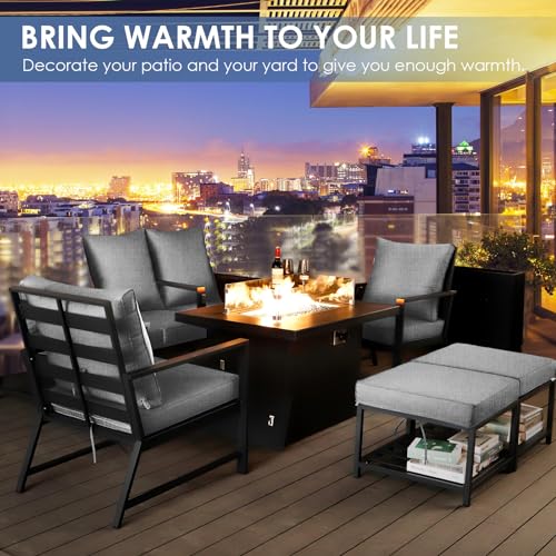 RADIATA 7 Piece High Back Aluminum Patio Furniture with Fire Pit Conversation Set with 43" Propane Fire Pit Table Outdoor Modern Luxury Sofa Set (Light Gray)