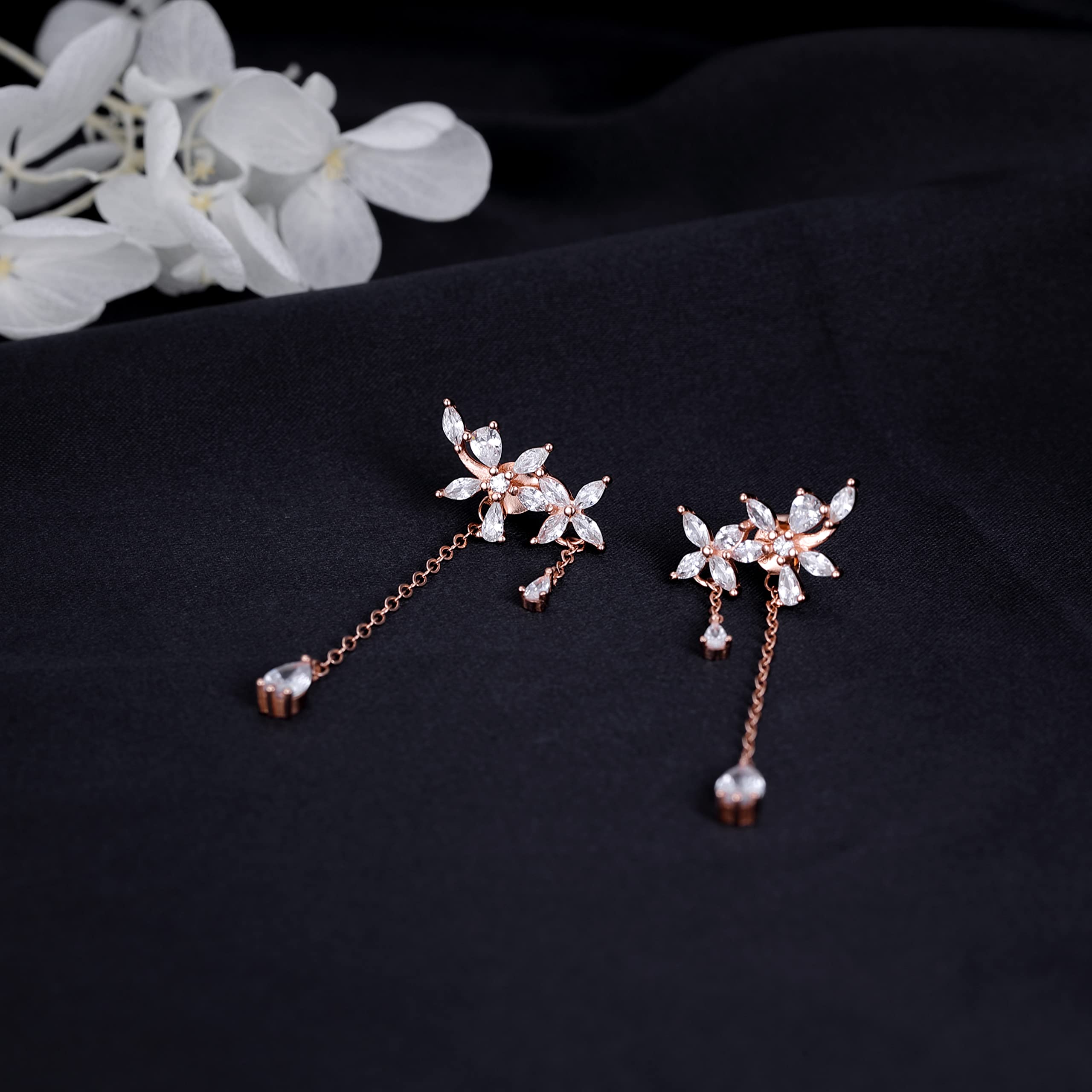 SLUYNZ 925 Sterling Silver Flower Dangle Earrings for Women CZ Wedding Earrings Crawler Earrings Wrap Earrings Elegant Bridal Earrings(B-Rose Gold)