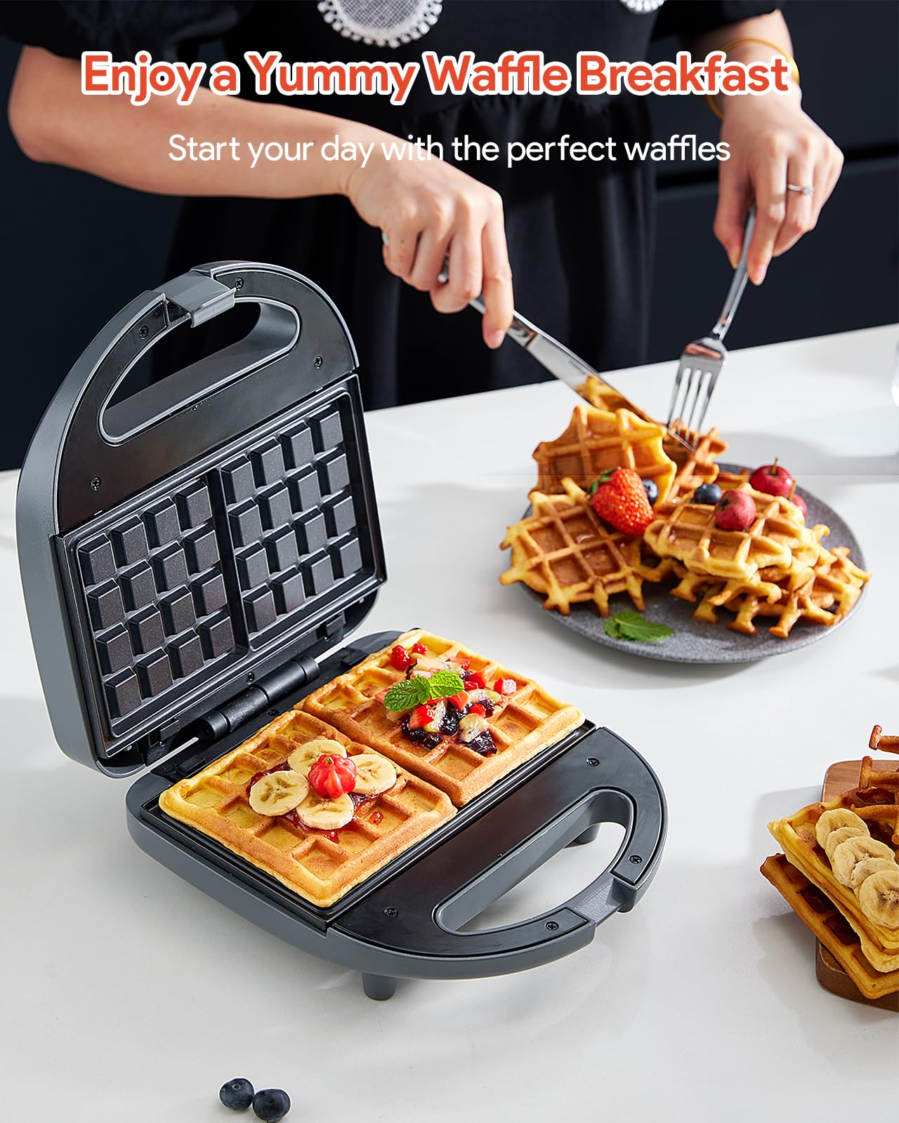 Waffle Maker Double, Waffle Iron Machine Non-Stick Extra Large, Breakfast Stuffed 2-Slice Belgian, Electric Fast Heat Up, Snack, Gray 750W BEZIA
