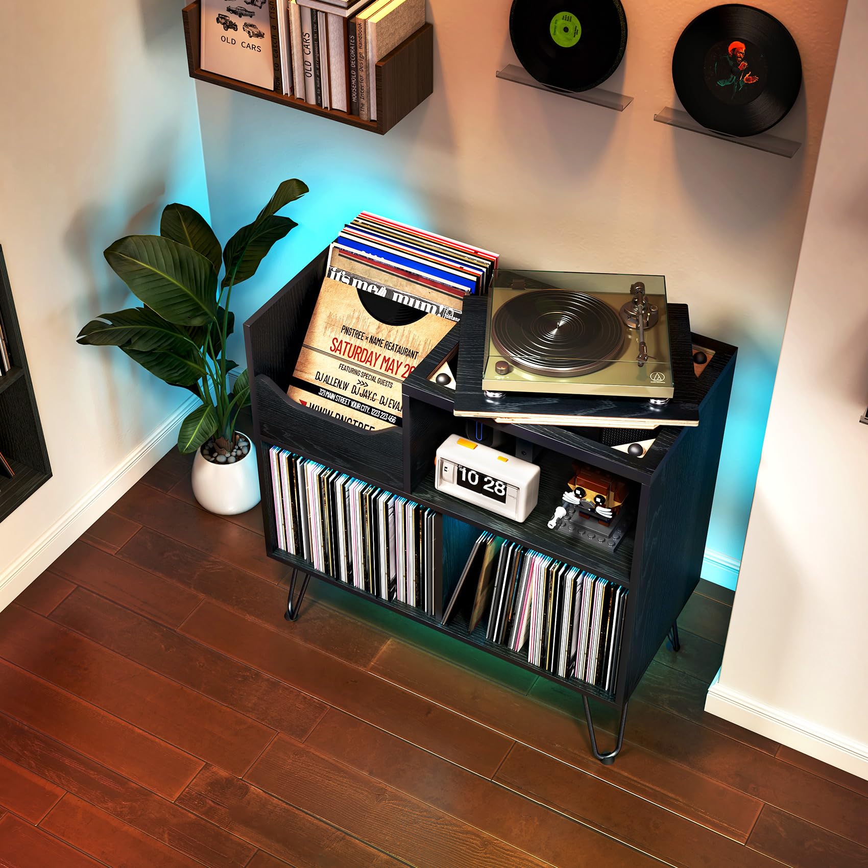 TC-HOMENY Record Player Stand with Vibration-Isolated Turntable Design, Vinyl Record Storage Table with Charging Station, Mid-Century Modern Turntable Stand (Black)