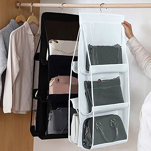 SNOMEL 2 Pack Hanging Purse Handbag Storage Organizer, 6 Pockets Thick & Soft Fabric Handbag Holder for Closet, Foldable Bag Collection Hanger for Wardrobe Shelf (Black & White)