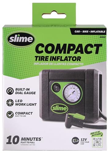 Slime 40060 Tire Inflator, Compact, Portable Car Air Compressor, Analog, Quick Connect Air Hose, Flat Tire Puncture Repair, 12V, 10 min inflation Black
