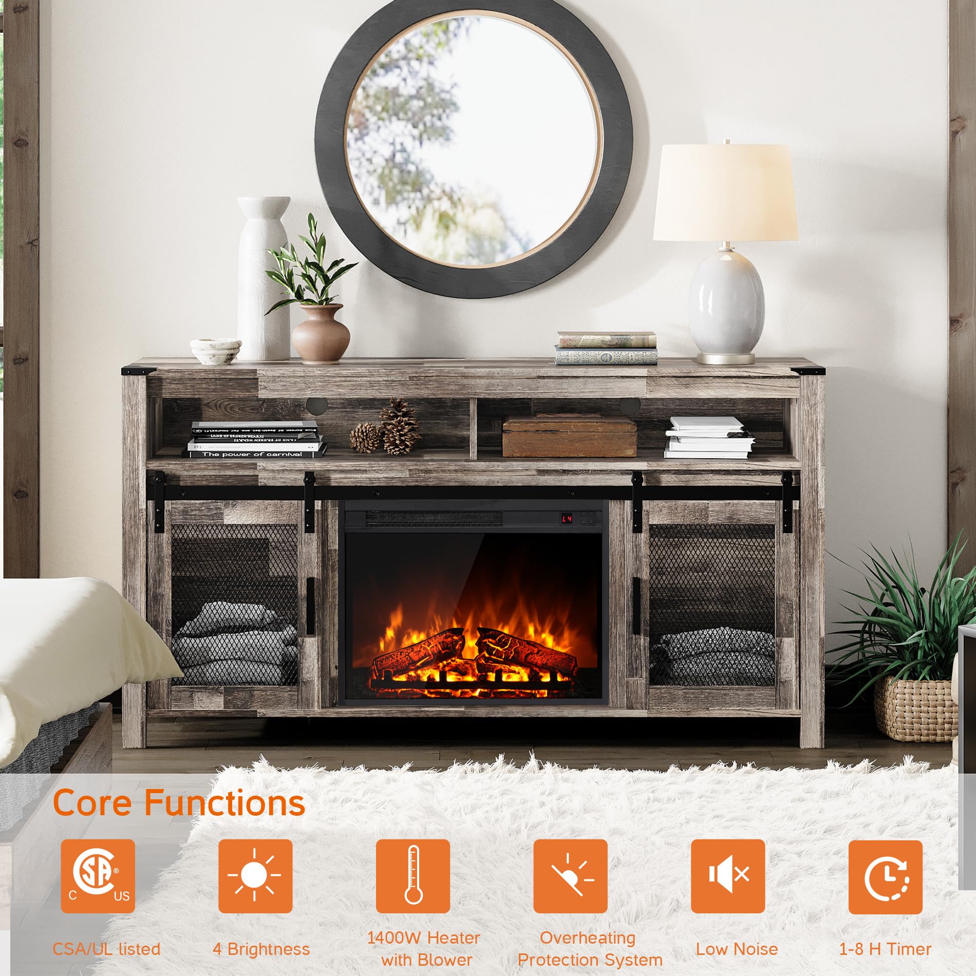 WAMPAT 23" Electric Fireplace Insert, Wall Mounted and TV Stand Cabinet Recessed Fireplace Heater with Remote & Panel Control, 4 Flame Brightness, 8H Timer, Overheating Protection, 1400W