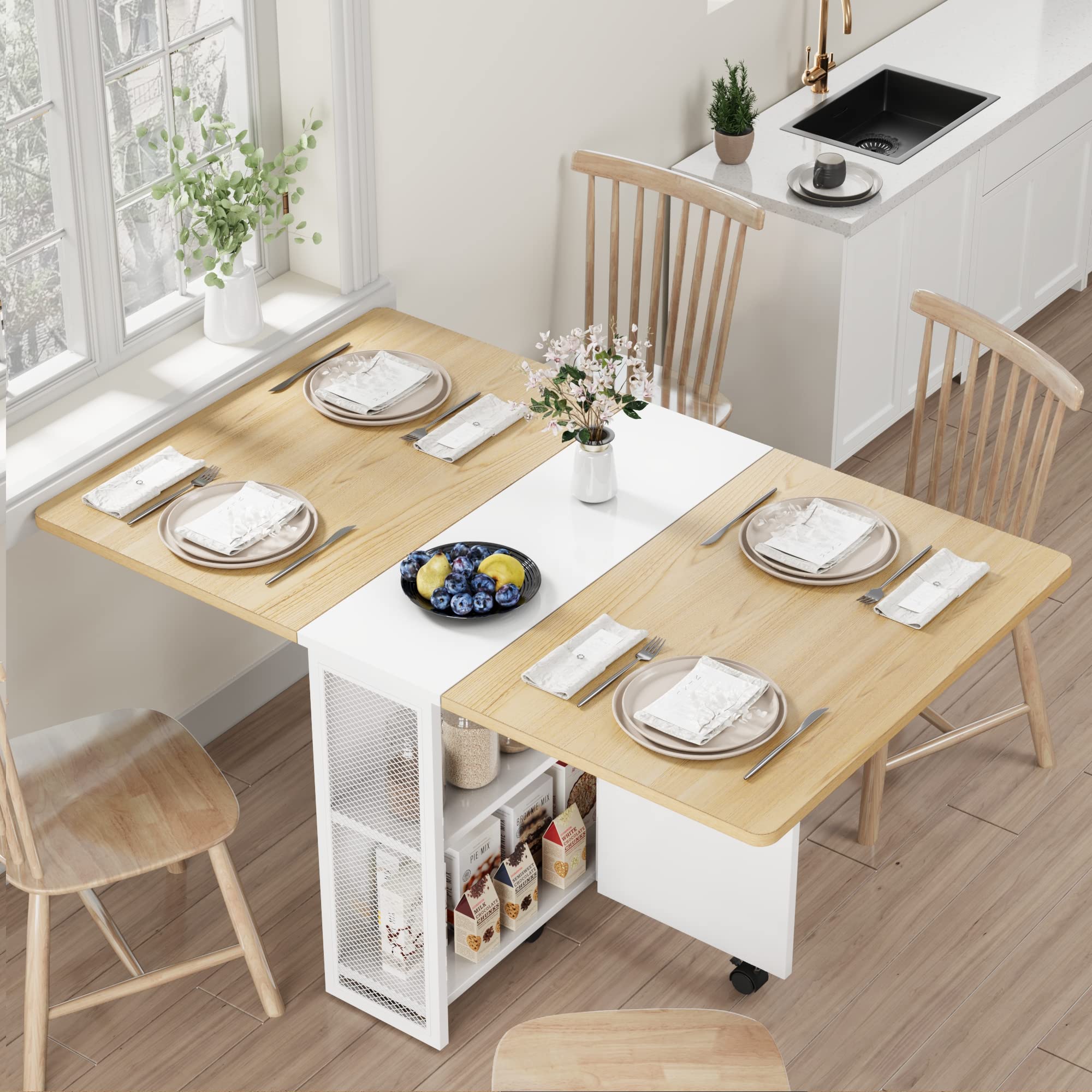 Space Saving Folding Dining Table with 2 Tier Storage-Extendable Drop Leaf Farmhouse Wood Kitchen Dining Room Tables Set for 4, Collapsible Expandable Rectangle Dinner Kitchen Office Furniture