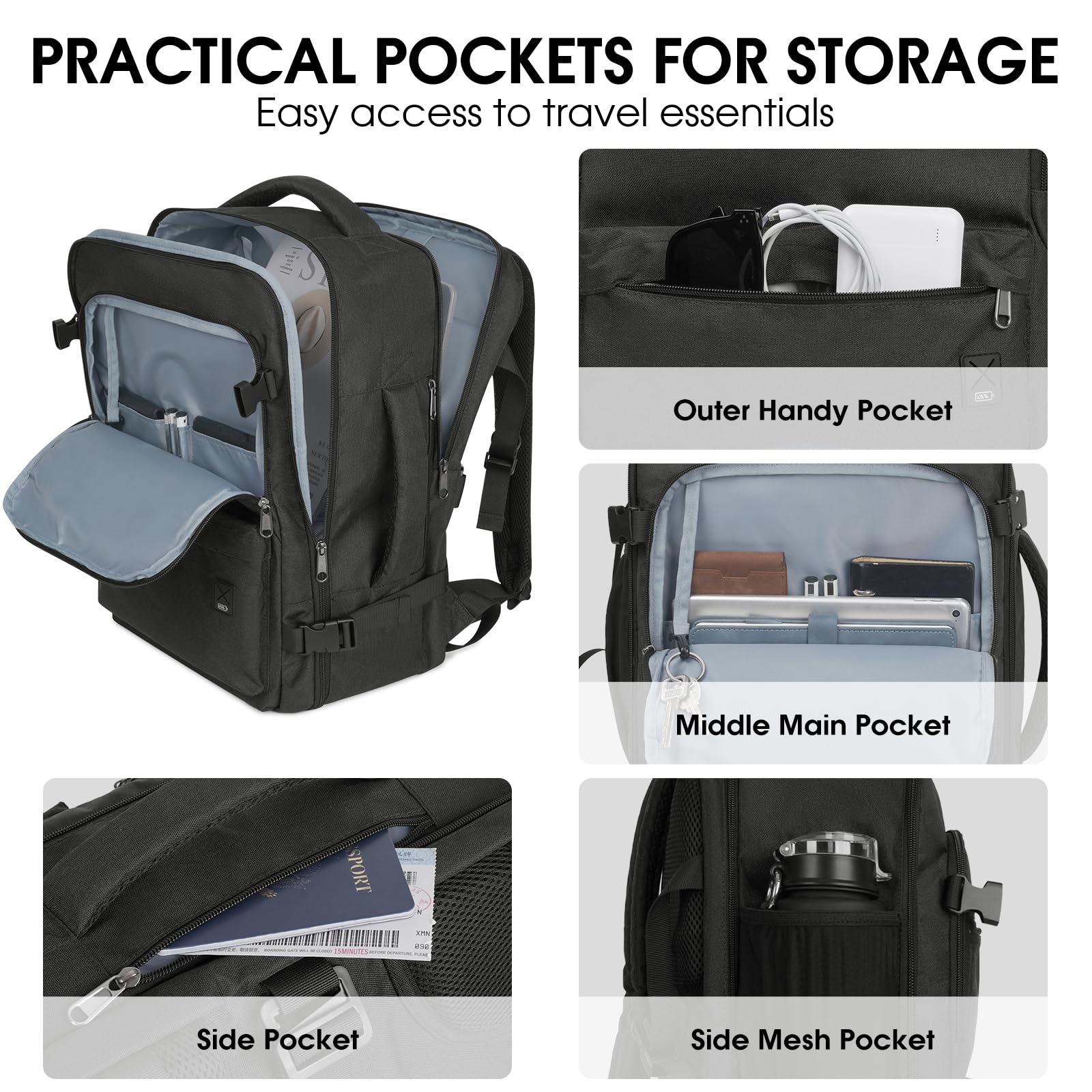 WANDF Travel Backpack For Spirit Airlines Personal Item Bag 18x14x8 with Wet Pocket, 17 Inch Laptop Backpack for Men Women(Black)