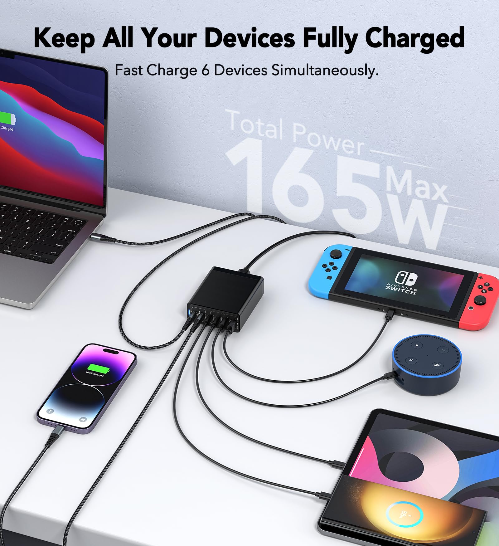 USB C Fast Charger, 165W GaN 6 Port PD USB C with QC USB A Charging Station Hub Block, Type C Laptop Power Adapter for MacBook Pro/Air, iPad Pro/Air, iPhone 11 12 13 14 15, with 2Pack 6.6ft Cable
