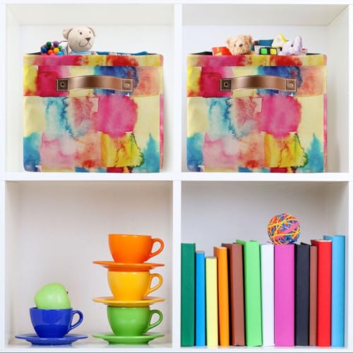 Watercolor Abstract Painting Storage Basket Bins Collapsible Toy Storage Bins with Handles Laundry Baskets for Playroom Living Bed Room Office Clothes Nursery,2 pcs