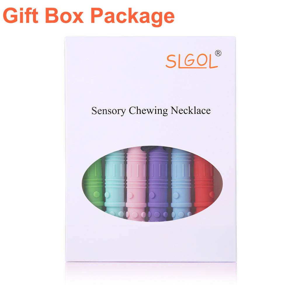 SLGOL Sensory Chew Necklace for Sensory Kids, 6 Pcs Bundle Oral Sensory Chew Toys,Chewing Pendant,Silicone Teether Chewing Necklace,Designed for Autism,Teething,ADHD,Biting,Oral Motor Teething Baby