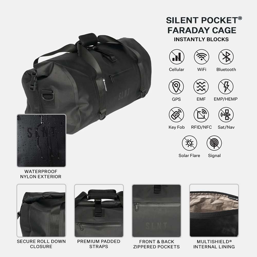 SLNT Faraday Dry Duffle Bag with Silent Pocket - Military-Grade Waterproof Nylon, Multishield Blocks Wireless Signals, Protects Electronics from Hacking, Spying - Instant Security & Privacy (40 Liter)