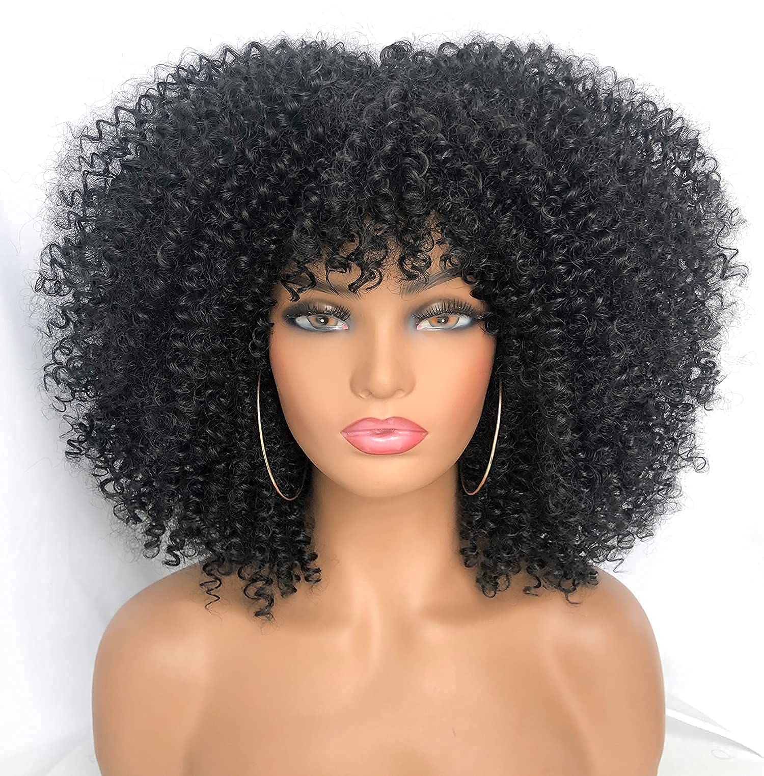 RunM Short Curly Afro Wig With Bangs for Black Women Kinky Curly Hair Wig Afro Synthetic Full Wigs(Black)