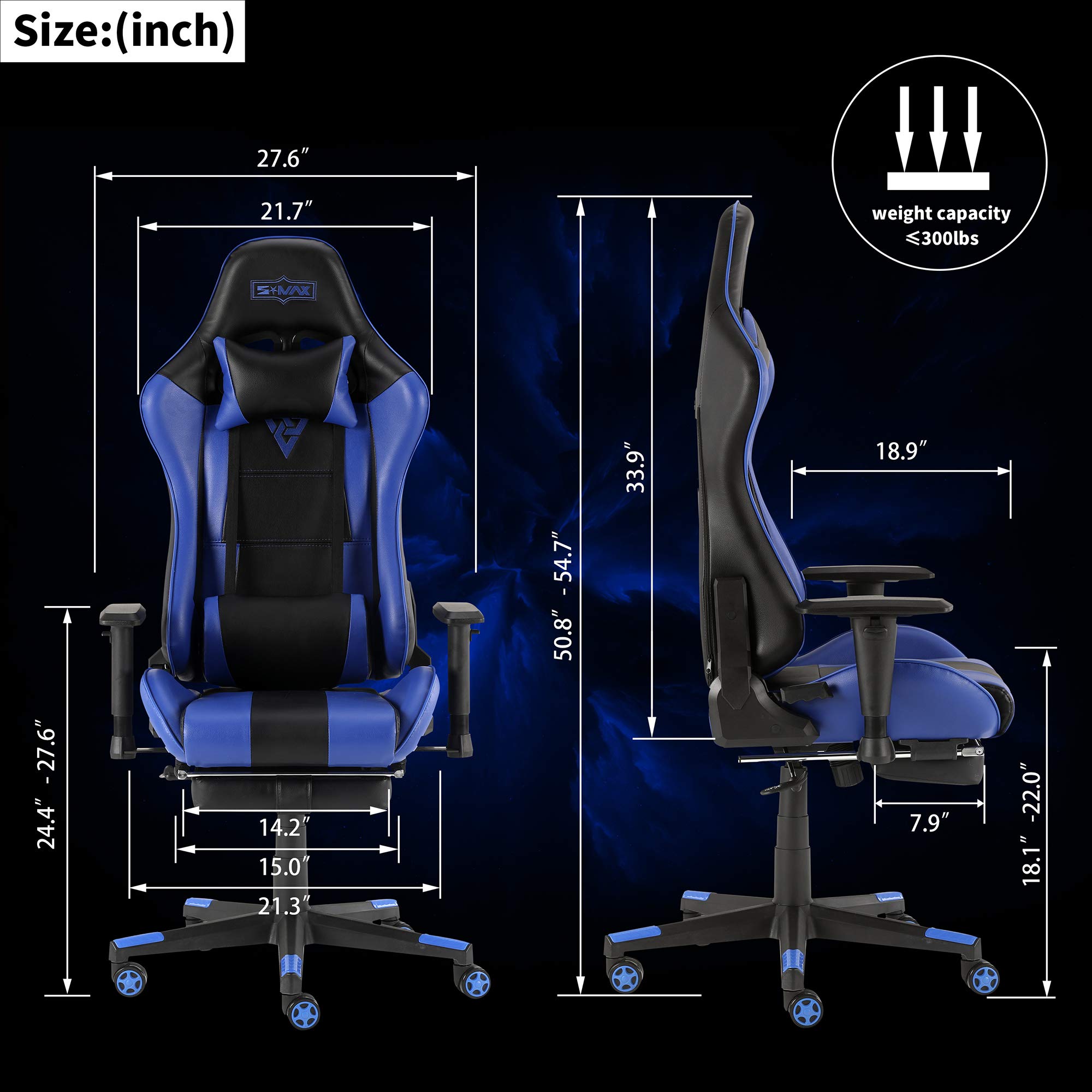 SMAX Gaming Chair with Footrest Racing Office Computer Ergonomic Video Game Chairs PU Leather Headrest and Massager Lumbar Support Adjustable Rolling Swivel Gamer Chair Black and Blue