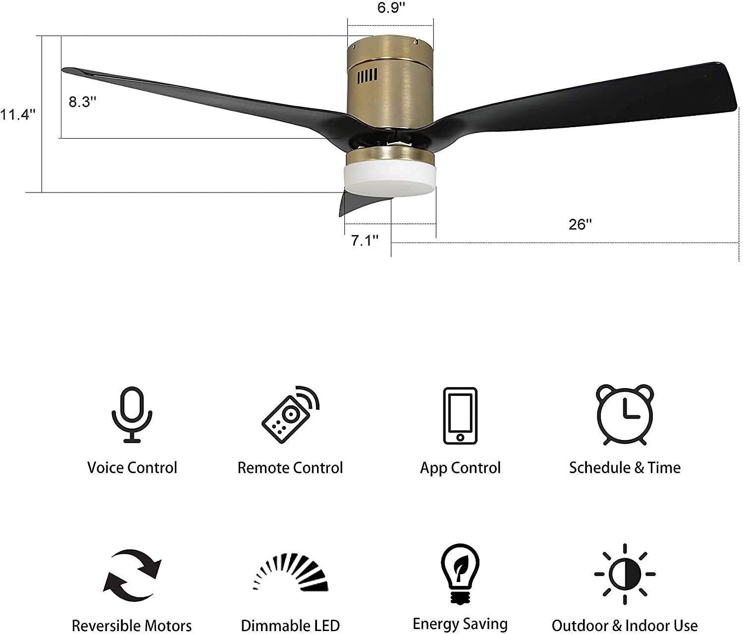 SMAAIR 52 Inch Smart Ceiling Fan with Lights and 10-speed DC Motor, Works with Remote Control/Alexa/Google Home/Siri, Dimmable LED Light (52 Inch, Black/Gold)