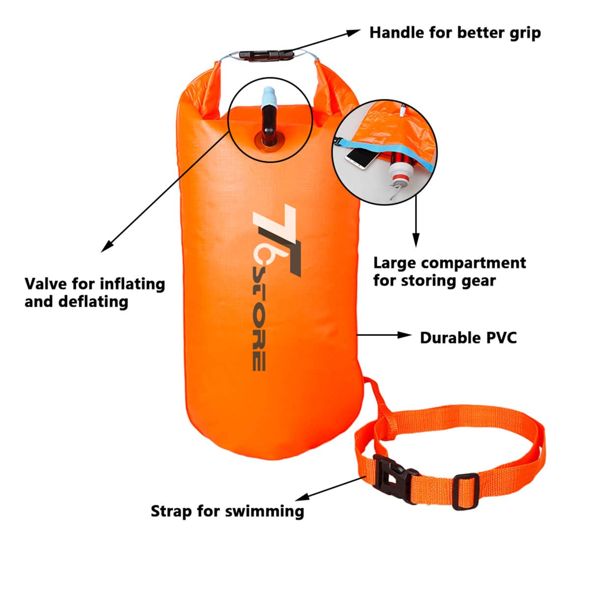 T6 20L Swim Buoy Waterproof Dry Bag Swim Safety Float Keep Gear Dry for Boating Kayaking Fishing Rafting Swimming Training and Camping