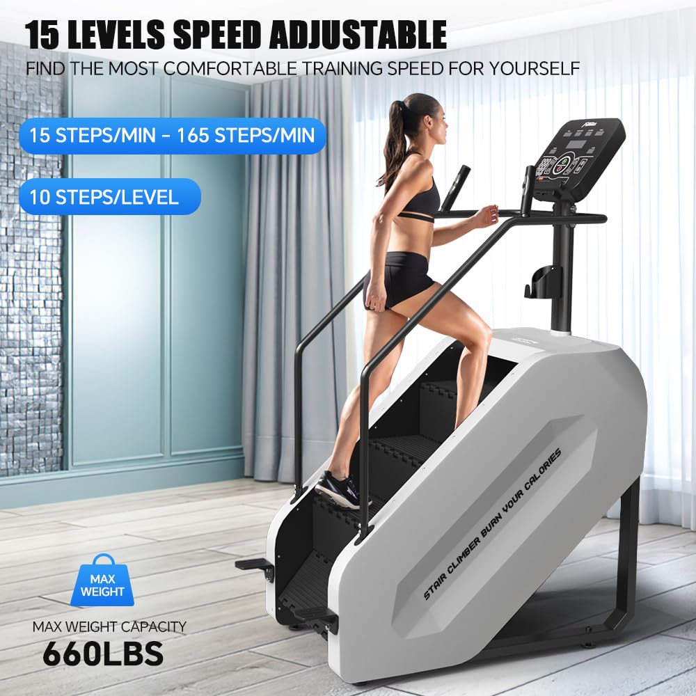 SPART Stair Climber with LED Screen, Commercial Grade Stepmill Exercise Machine, 15 Speed Levels Stair Climber Stepping Machine for Cardio and Lower Body Workouts, 660LBS, 15-164 Steps/Minute, White
