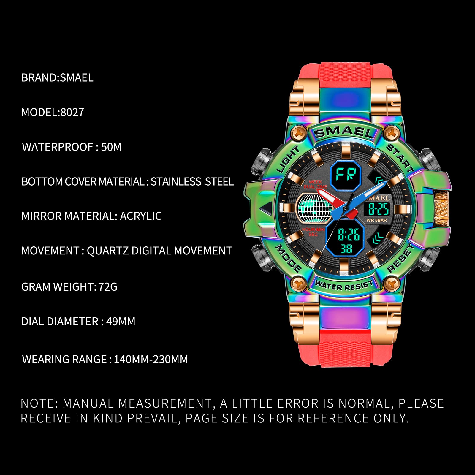 SMAEL Watch 8027 Water Resistant Alloy Watch Sport Analog Digital Quartz Watch Colorful Case (Red)
