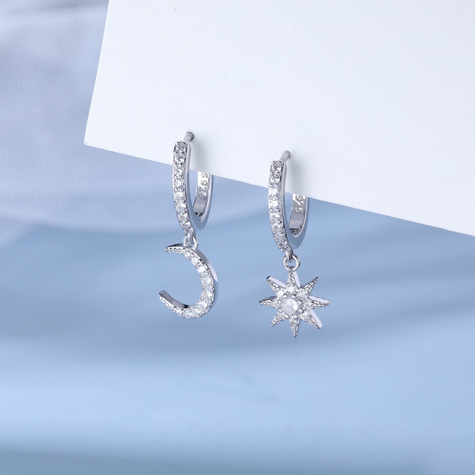 SLUYNZ 925 Sterling Silver Sparkling CZ Star Moon Small Hoop Earrings for Girls Women Asymmetric Star Moon Huggie Earrings (A-Silver)