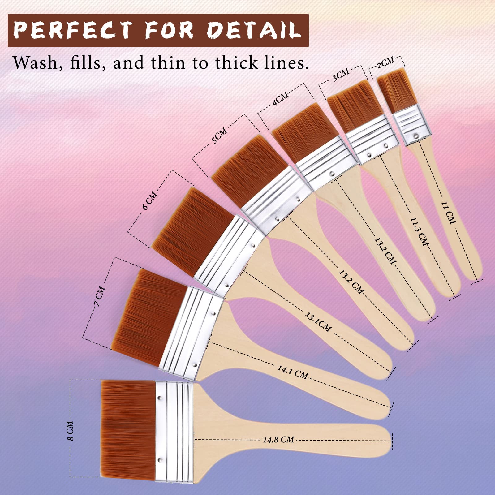 Set of 7 Flat Paint Brushes for Applying Gesso, Acrylic Paint, Oil Paint, Watercolor (Wooden) White