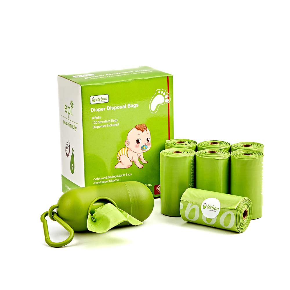 USBOO Baby Disposable Diaper Bags, Waste Bags 8 Refill Rolls/120 Bags with Dispenser, Convenient and Quick Diaper Disposal, Unscented